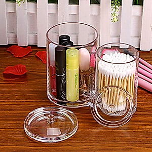 Hipiwe Clear Acrylic Cotton Swab Holder Preminm Quality Round Container Cotton Pad Q-tip Organize Case for Make Up Brush Clear Apothecary Jar