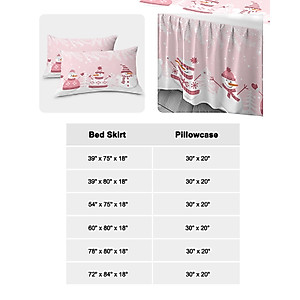 Pink Christmas Wrap Around Pleated Bed Skirts for Twin XL Bed 39x80, Decorative Dust Ruffle Bed Sheet & Bedskirt 18'' Drop Bedspread with Pillow Case 20x30 Snowman Snowflake Pine Tree Leaves