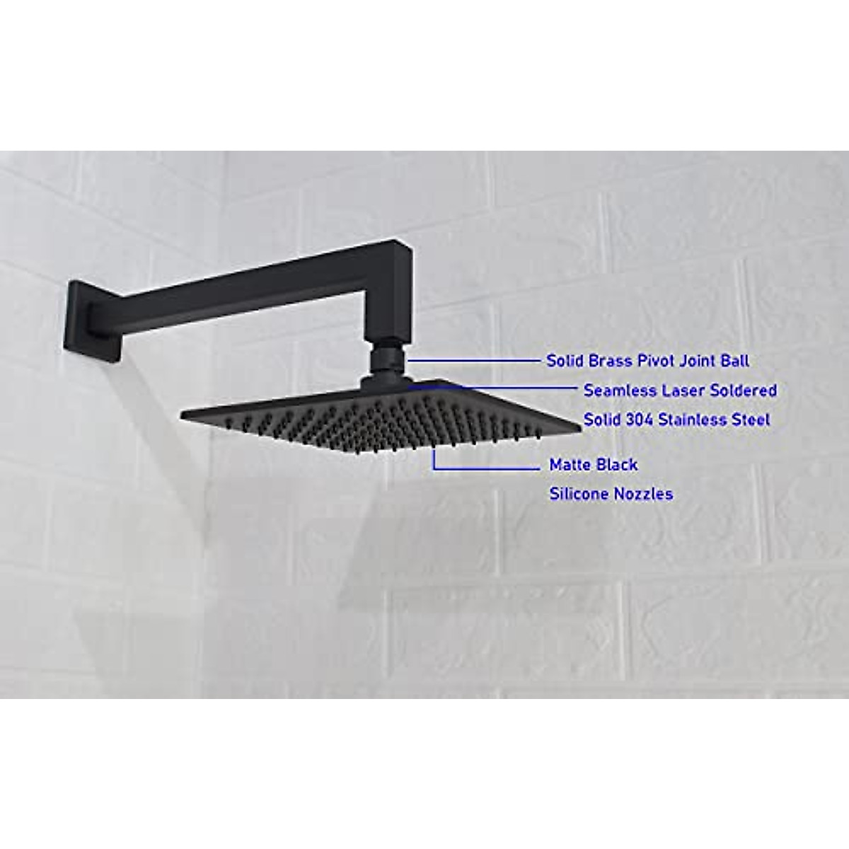 Aquaiaw Fixed Rain Fall Shower Head, Seamless Laser Soldered Solid 304 Stainless Steel, 1-Piece Construction, Wall Ceiling High Pressure Head Shower, 2.5GPM, Brass Joint (8 inch Square, Matte Black)