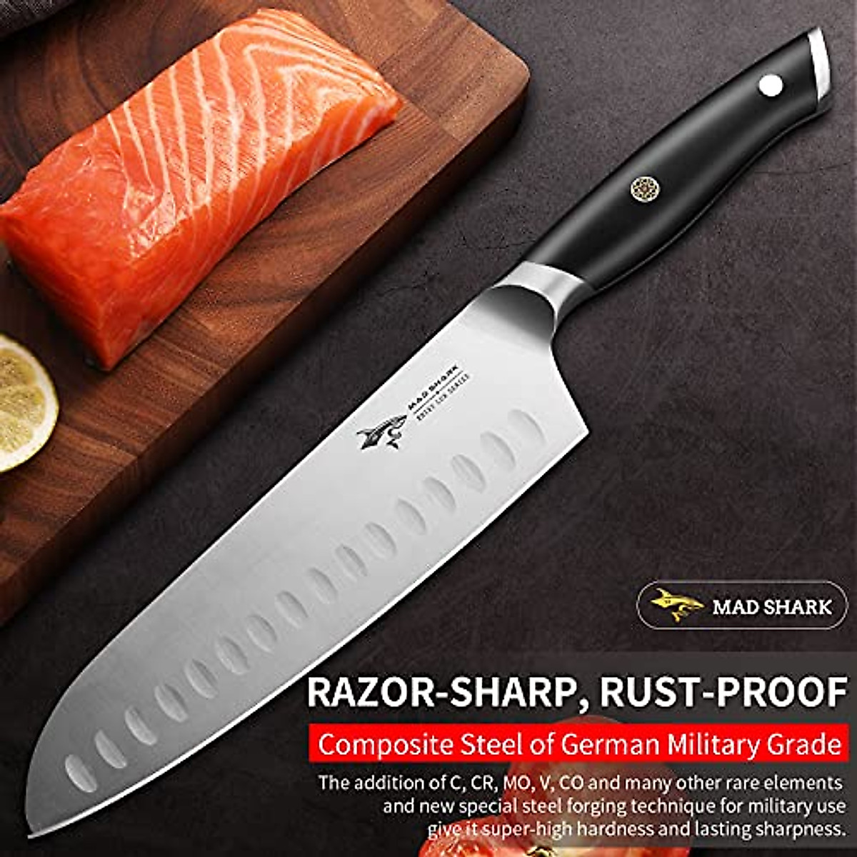 MAD SHARK Chef Knife, Professional 8 Inch Santoku Knife, Made of German High Carbon Stainless Steel, Non-stick Ultra Sharp Kitchen Knife with Ergonomic Handle, Finger Guard and Gift Box