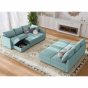 HONBAY Modular Sofa Couch with Storage Seats U Shaped Modular Sectional Sofa with Reversible Chiase Oversized Modular Sofa Sleeper Set with Ottomans, Aqua Blue