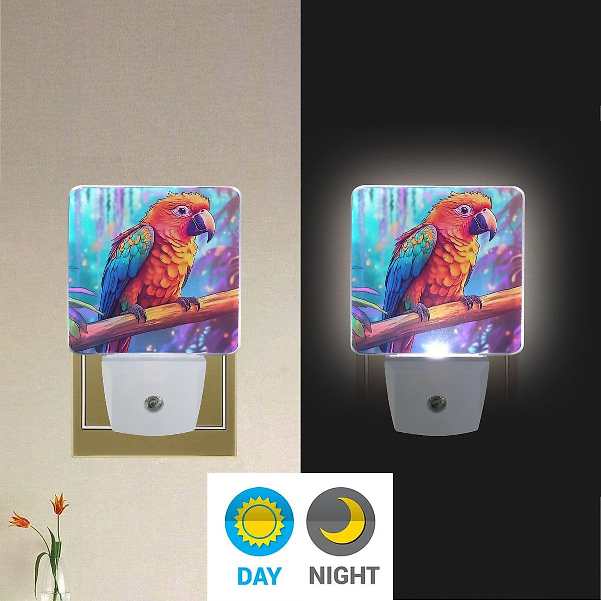 ZENWAWA Vivid Tropical Parrot Night Light Plug into Wall Decorative Auto Dusk to Dawn Sensor LED Night Lamp 2 Pack 3×4.5×1.4 in