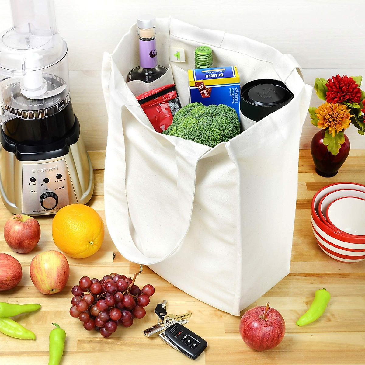 Canvas Grocery Bag - 3 Pack Large Organic Cotton Fabric Bags with Handles & Interior Pockets, Reusable Eco-Friendly Blank Cloth Totes for Groceries, Shopping, Sublimation, Travel, Bulk - 13.5x16.5x8