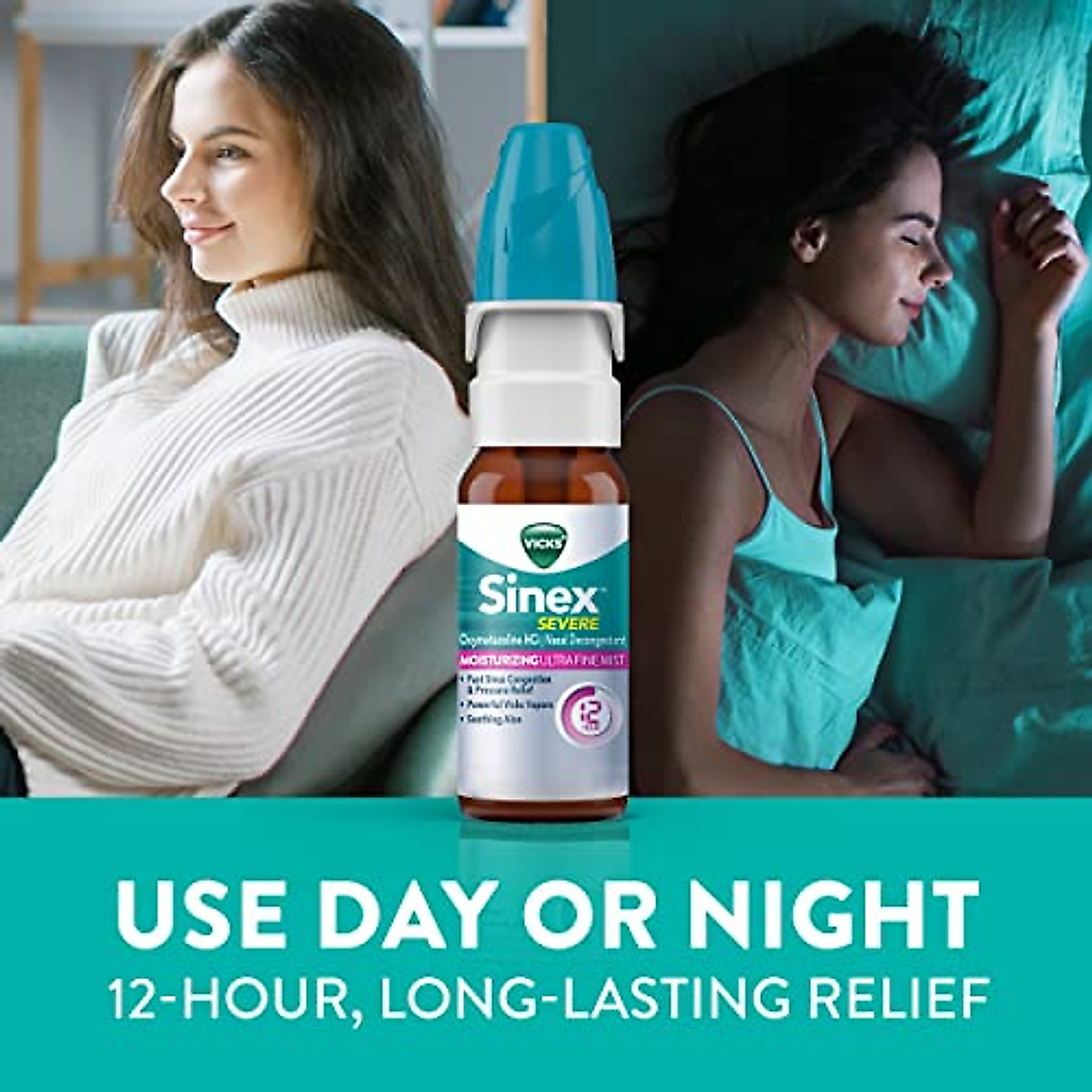 Vicks Sinex Severe Nasal Spray with Moisturizing Ultra Fine Mist, Decongestant for Stuffy Nose Relief from Cold, Allergy, Sinus Pressure - 265 Sprays