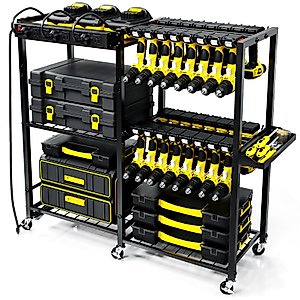 TC-HOMENY Power Tool Organizer Garage Storage with Charging Power Strip, 28 Drill Rack Tool Holder Racks Rolling Tool Cart on Wheels, Tool Shelf Organizer, Garage Workshop Gifts for Men Dads