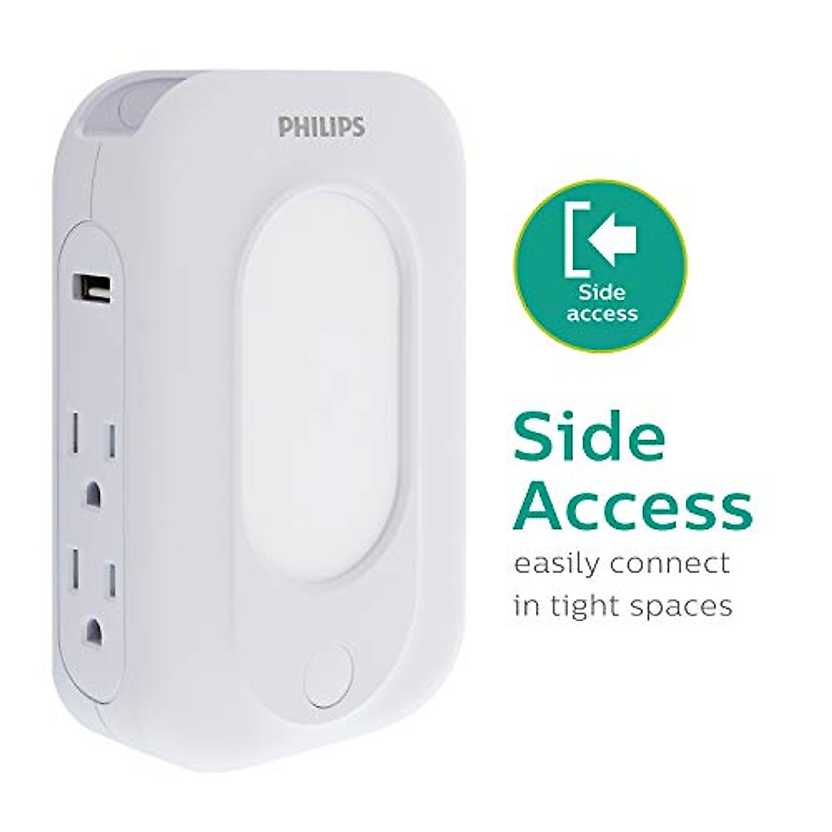 Philips Accessories 4-Outlet Extender 2-USB Surge Protector, Wall Adapter with Light-Sensing Night Light, Side Access, 3-Prong, Charging Station, SPP6241WC/37, White, 1 Pack