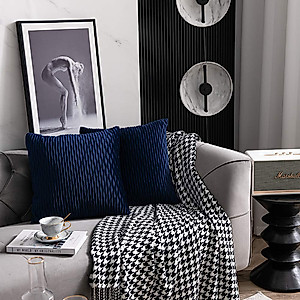 DEZENE Navy Striped Couch Pillow Cases: 2 Pack 22x22 Inch Original Velvet Square Throw Pillow Covers for Farmhouse Home Decor