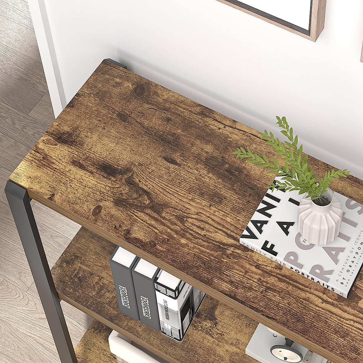 EXCEFUR Small Bookshelf, 3 Tier Short Low Book Shelf, Modern Metal and Wood Standing Etagere Bookcase for Home Office Living Room Bedroom, Rustic Brown