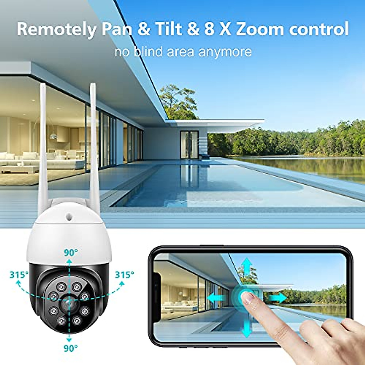 Morecam Security Cameras Outdoor, 360° View PTZ 2.4G WiFi Cameras for Home Security with Mobile App, Surveillance Camera Outside with Night Vision IP66 Compatible with Alexa Motion Detector(2 Pack)