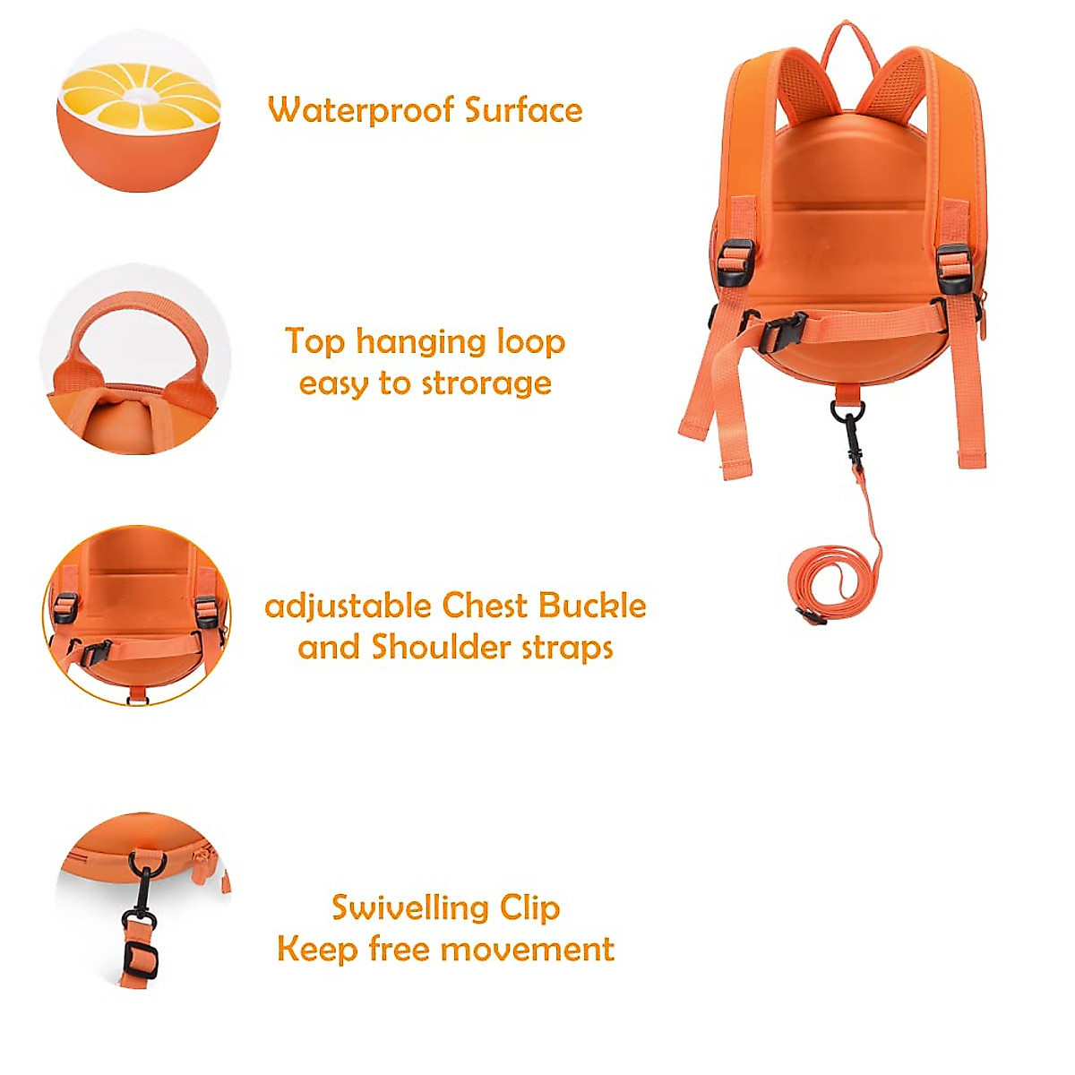 Kids happy Toddler Backpack with Leash,Child Safety Harness Backpack,Kids Backpack Harness Leash,Toddler Waterproof Backpack with Leash, Fruit Pattern,for Age 1-10 Years (Orange), 9x9x4 inch (LT010)