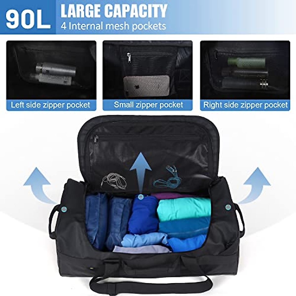 MIER 60L Water Resistant Backpack Duffle Heavy Duty Convertible Duffle Bag with Backpack Straps for Gym, Sports, Travel, Black