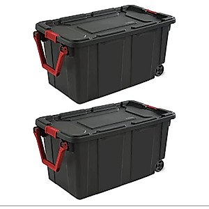 Industrial Plastic Tote With Wheels 40 Gallons, Bring Order To Garage, Basement And Attic With Rugged Design, 36 3/4" L x 21 3/8" W x 18" H. - Set of 2 (Black)