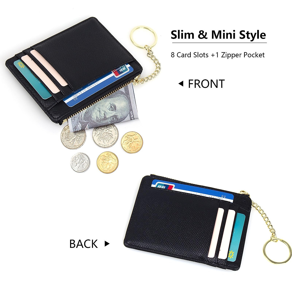 Small Card Wallet for Women Slim Rfid Front Pocket Card Cases Holder Zipper Coin Purse (A-Lichee Leather-Yellow)