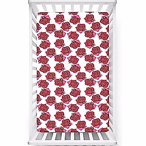 Roses Themed Fitted Mini Crib Sheets,Portable Mini Crib Sheets Soft Toddler Mattress Sheet Fitted-Baby Sheet for Boys Girls,24“ x38“,Raspberry Pink Dark Magenta White