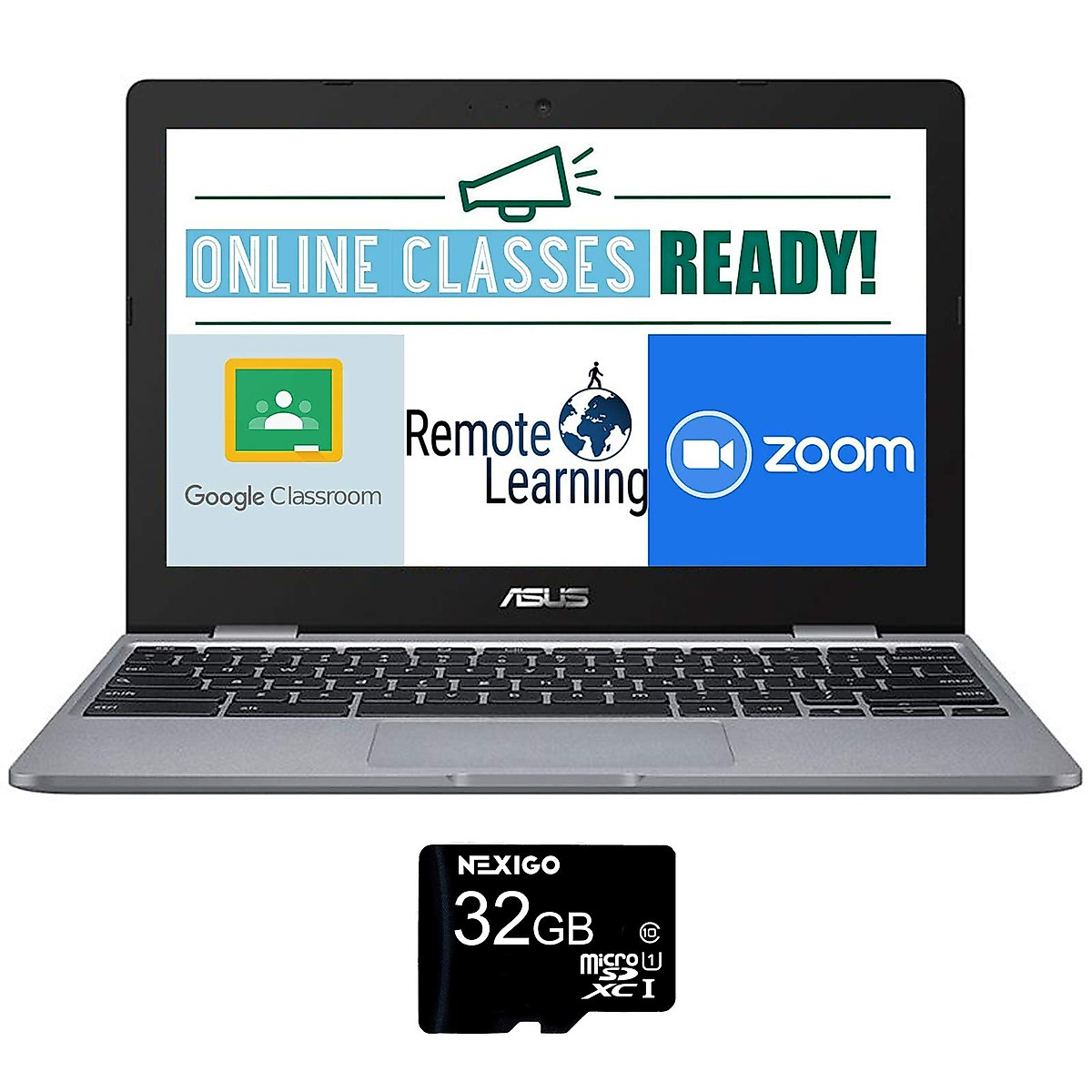 ASUS 2022 Premium Chromebook 11.6 Inch Laptop with Webcam| Intel Celeron N3350 up to 2.4 GHz| 4GB RAM| 16GB eMMC| Bluetooth| WiFi| Chrome OS + NexiGo 32GB MicroSD Card Bundle