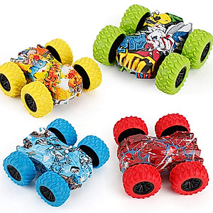 4 PCS Multicolor Double Sided Friction Powered Car Dumper Truck Rotate 360 Degrees Rotation Inertia Push and Go Cars Party Toys for 5 6 7 8 Year Old Boys Girls Kid Toddlers