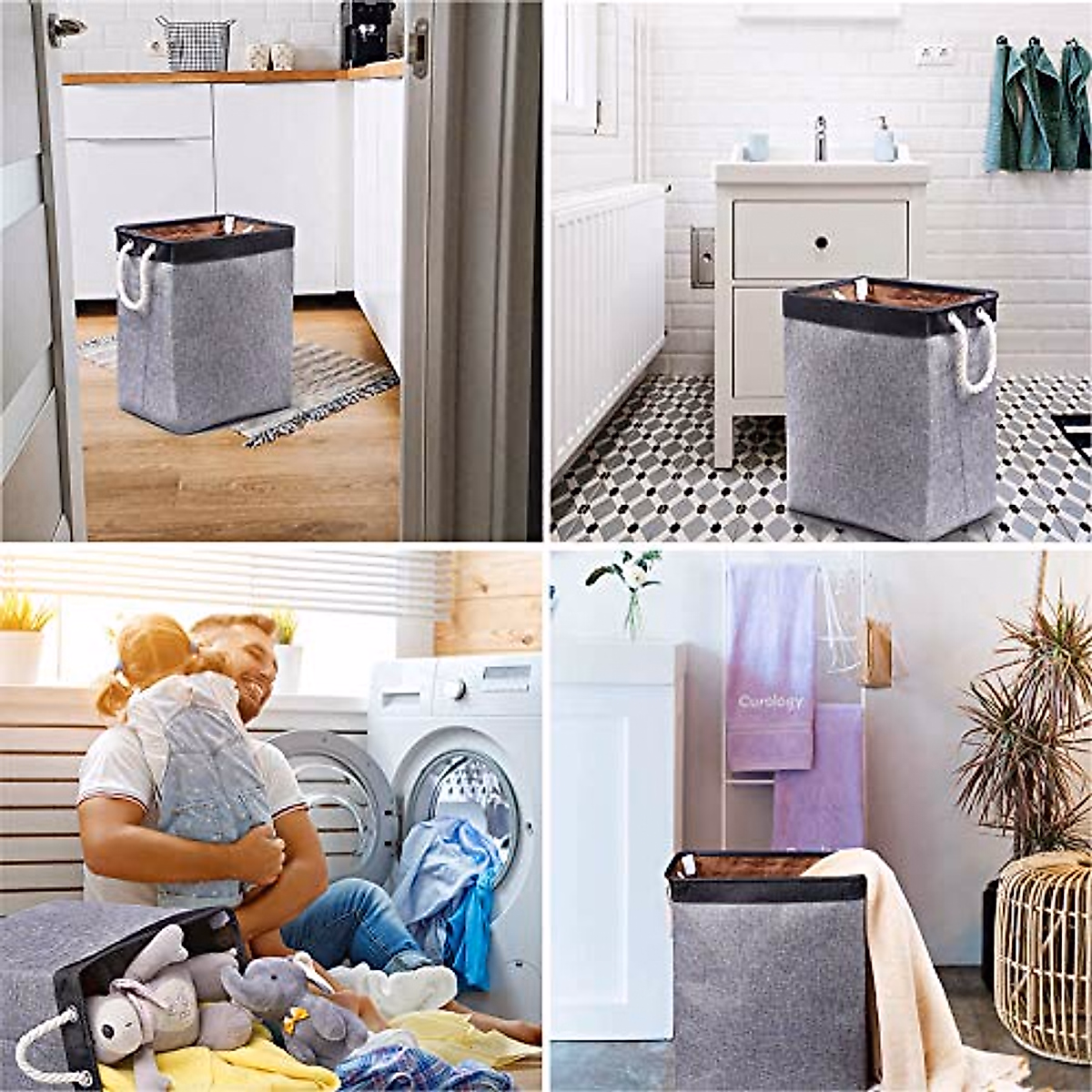 JYHJ Laundry Hamper with Handles Hampers for Laundry Foldable Fabric Laundry Basket Built-in Lining with Detachable Brackets for Bathroom Clothing Washing Storage, Grey