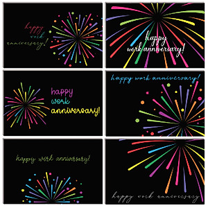 Better Office Products 36 Pack Work Anniversary Cards with Envelopes, Business Employee Appreciation Cards, Bulk Set, 4 x 6 Inch, 6 Fireworks Cover Designs,