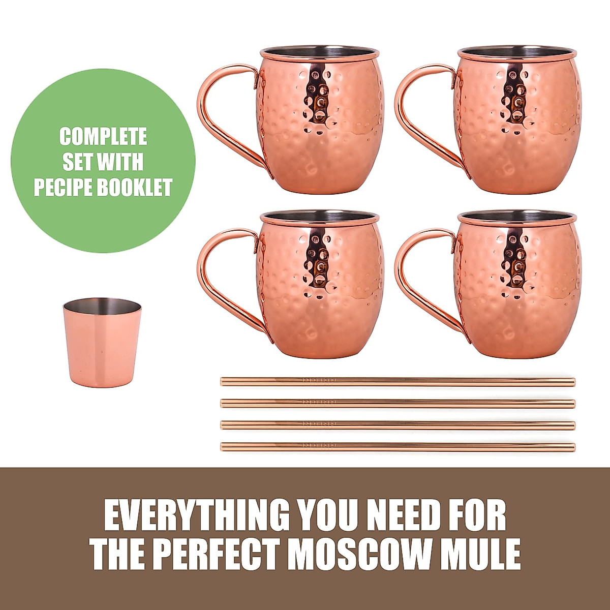 Crownyard Moscow Mule Copper Mugs Set of 4 (16oz) | Solid 100% Copper Cups Set w/ 4 Straws,1 Shot Glass, 1 Spoon, Tarnish-Resistant,Wedding Gift & Anniversity Gift for couples