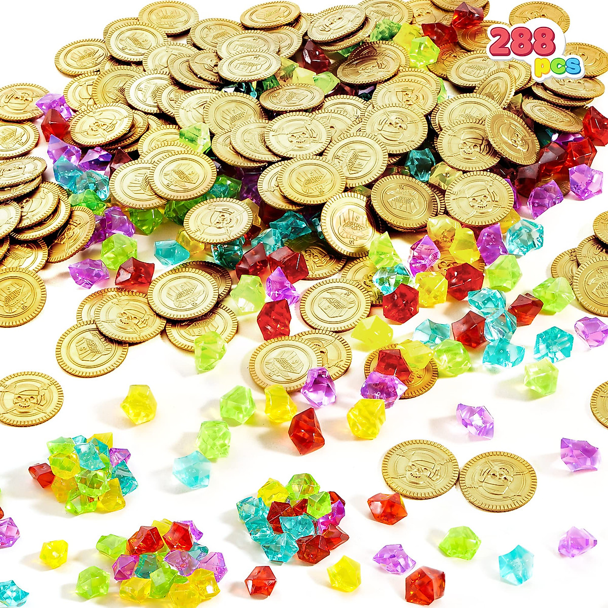 JOYIN Toy 288 Pieces Pirate Gold Coins and Pirate Gems Jewelry Playset Pack Party Favor. (144 Coins+144 Gems)