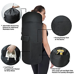 Caroeas 125L Backpack Laundry Bag, Extra Large Laundry Bags with Shoulder Straps, Durable Laundry Bag Backpack with 4 Pockets, Laundry Hamper Bag for Laundromat, Travel, Black