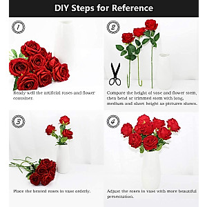 CATTREE Artificial Rose Flower Red - 4 Pack, Single Stem Fake Flowers Bridal Wedding Bouquet Realistic Blossom Flora Planter Filler DIY Décor for Home Garden Party Hotel Office Decorations