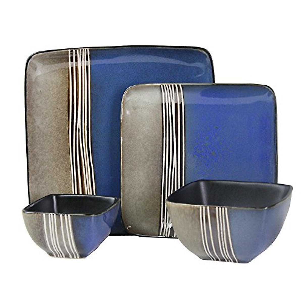 Elama Square Stoneware Loft Collection Dinnerware Dish Set, 16 Piece, Blue and Tan with White Accents