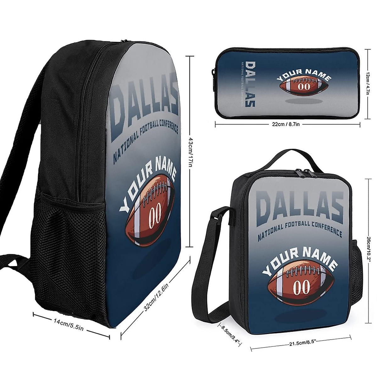 Quzeoxb Personalized Dallas Backpack Set with Name and Number - 3 Piece School Bag, Lunch Box and Pencil Case for Boys Girls Gifts
