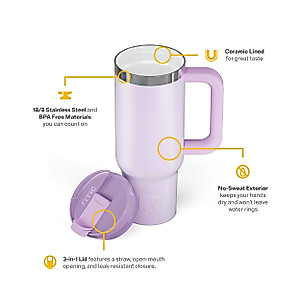 RTIC 30 oz Road Trip Tumbler Double-Walled Insulated Stainless Steel Portable Travel Coffee Mug Cup with Lid, Handle and Straw, Ceramic-Lined, Lavender Glitter