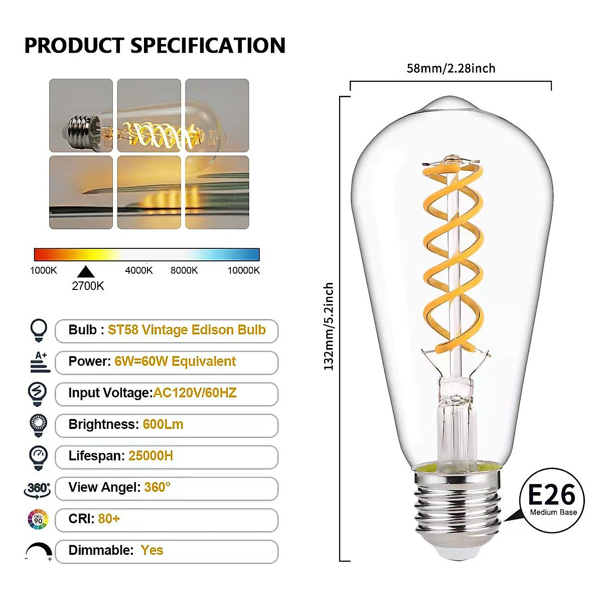 BORT 6W Vintage LED Edison Bulbs, ST58/ST19, Warm White 2700K, Antique LED Filament Light Bulbs, Dimmable, 60W Equivalent, 600LM, E26 Standard Base, Clear Glass 6W-2700K-6Pack