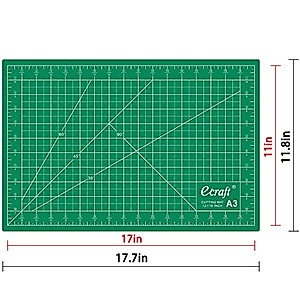 Ecraft Self Healing Cutting Mat: 12" x 18"(A3) Double Sided 5-Ply Fabric Cutting Mat for Sewing, Quilting, Scrapbooking And All Arts &Craft Projects Gridded Rotary Cutting Board Mats,Green/Black