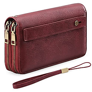 GAEKEAO Wallet for Women Double Zipper Phone Clutch RFID Blocking Vegan Leather Wristlet Purse Large Capacity Long Credit Card Holder with Grip Hand Strap