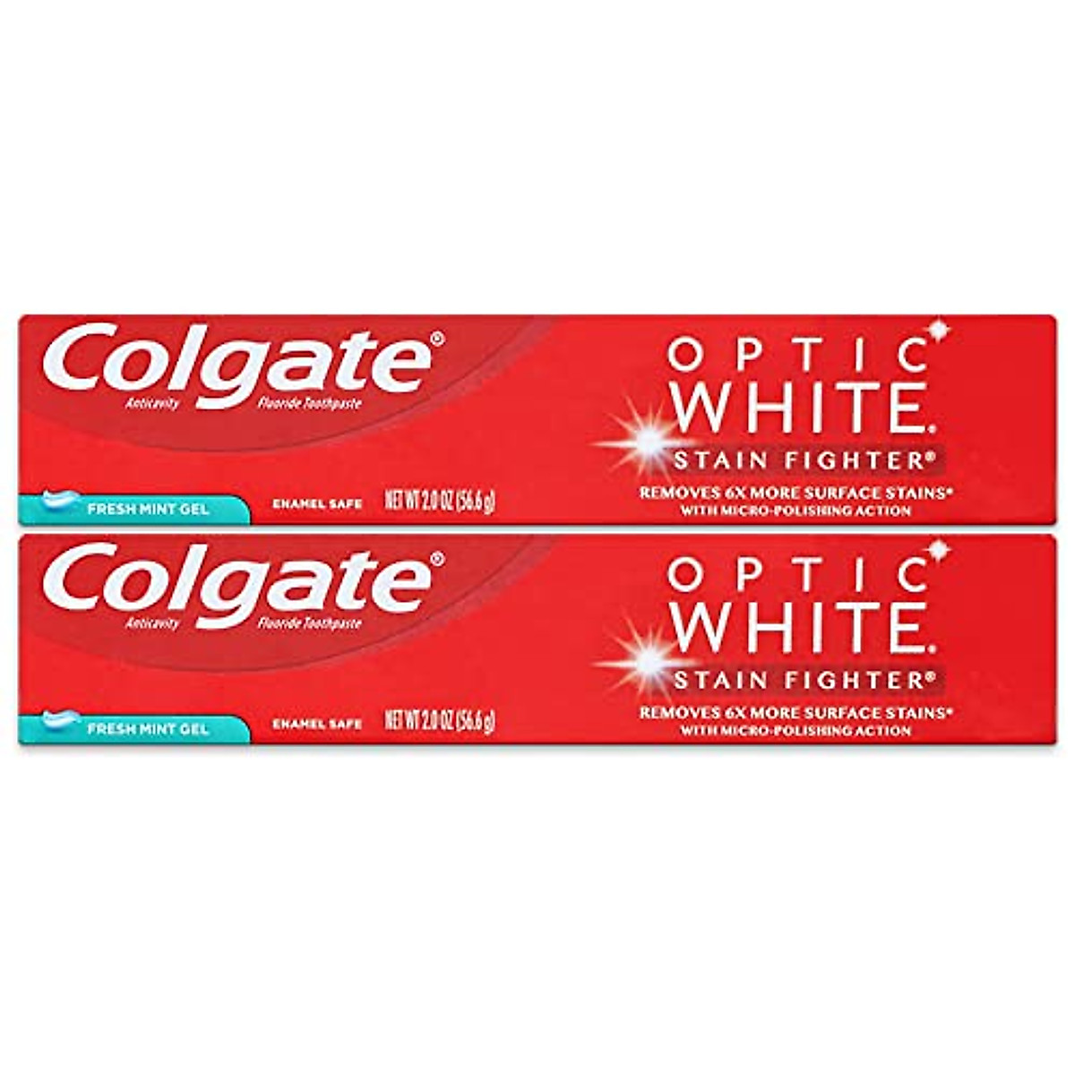 Colgate Optic White Toothpaste, Stain Fighter, Fresh Mint Gel, Travel Size 2.0 oz (Pack of 2)