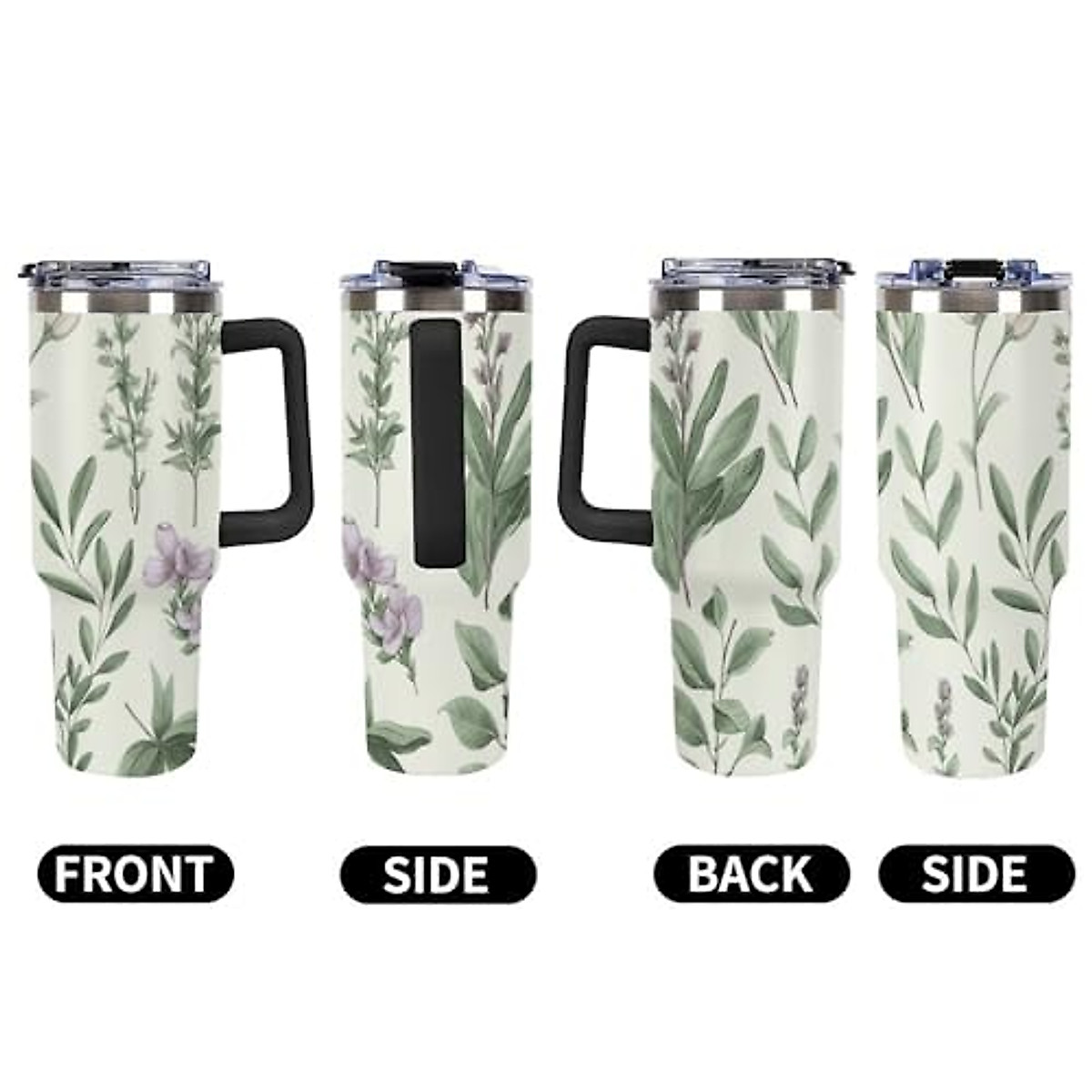40 Oz Vacuum Tumbler with Black Handle Leakproof Insulated Tumbler Green Flower Herb Sage Leaves Stainless Steel Travel Mug with Lid And Straw Coffee Cup Cute Water Bottles Cup Holder Friendly