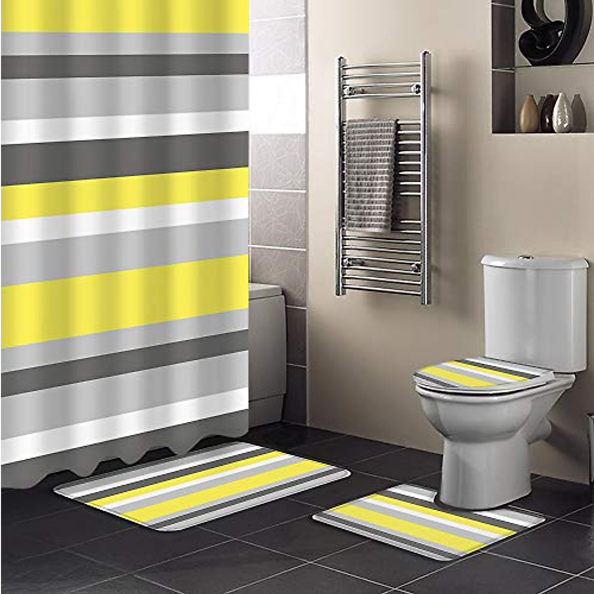Singingin Shower Curtain Set with Bathroom Rugs and Mats Geometric Stripes Yellow Grey Bathroom Rugs Set 4 Piece,Non-Slip Rugs,Toilet Lid Cover and Bath Mat,Waterproof Shower Curtain for Tub