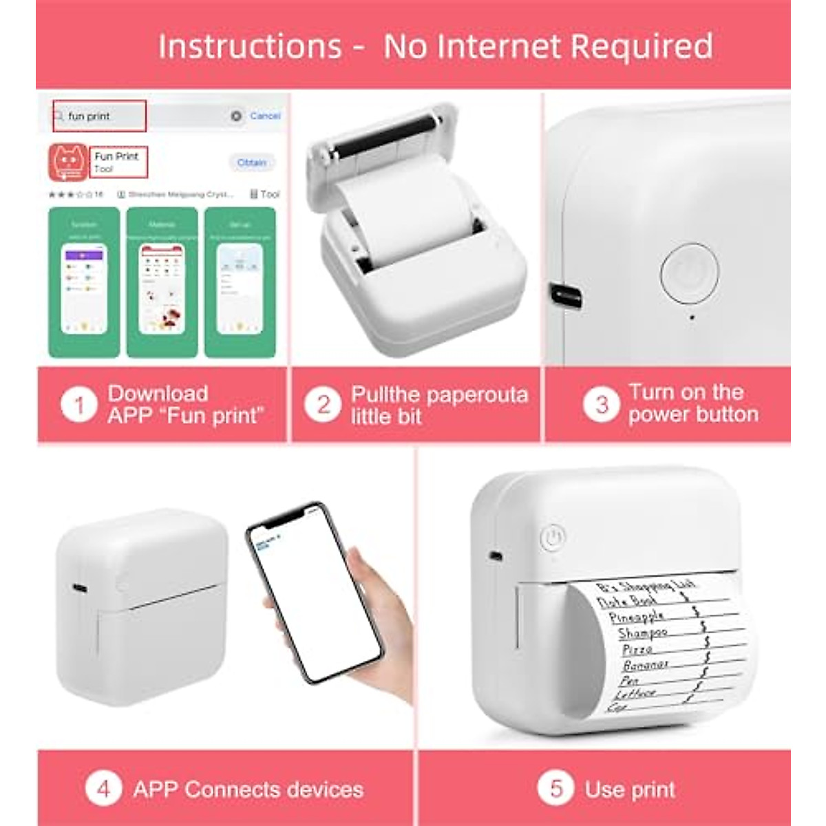 Operitacx Mini Sticker Printer, Portable Mini Thermal Printer with 10 Rolls Paper 5 Pens, Print Pod Inkless Pocket Printer for Notes Pictures, Compatible with Android & iOS