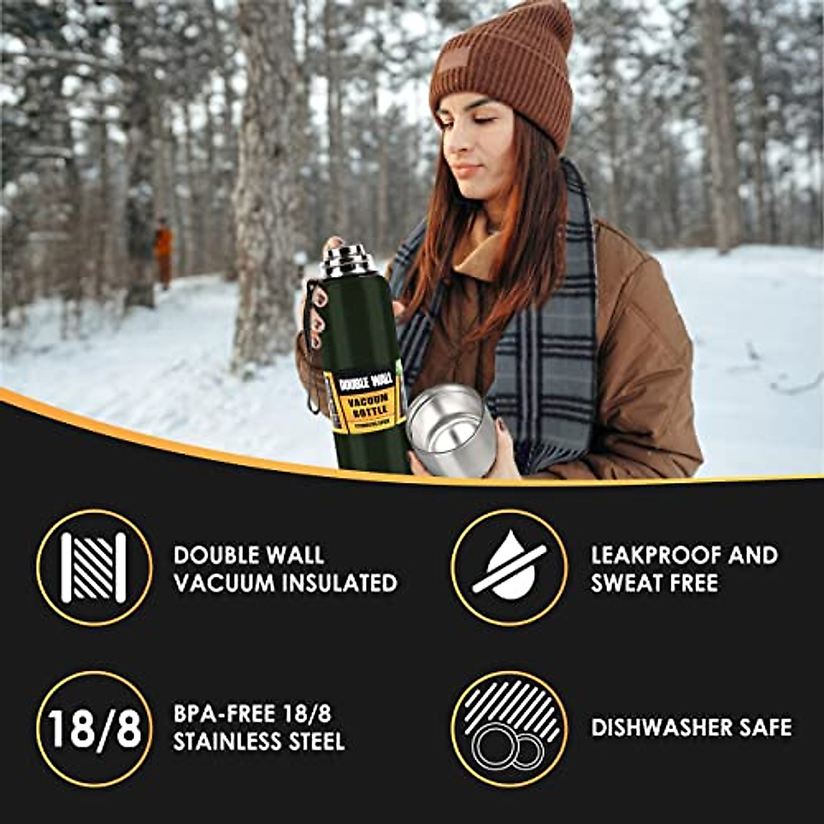 Subron Vacuum Bottle 34 Oz with Wide Mouth Cup BPA-Free 18/8 Stainless Steel Water Bottles Flask for Cold & Hot Drink Coffee (1 QT, Olive Drab)