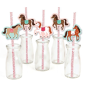 Big Dot of Happiness Run Wild Horses - Paper Straw Decor - Pony Birthday Party Striped Decorative Straws - Set of 24