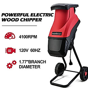 PowerSmart Corded Wood Chipper,15-Amp Electric Garden Chipper with Safety Locking Knob, Collection Bag