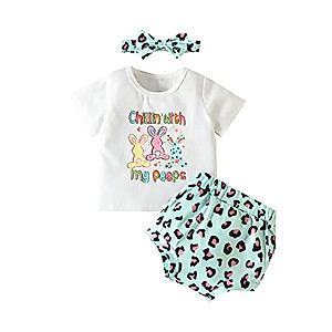 Noubeau Infant Baby Girl Easter Outfits Bunny Rabbit Print T-Shirt Tops Leopard Bloomer Shorts Bow Headband Summer Clothes (Turquoise, 6-9 Months)