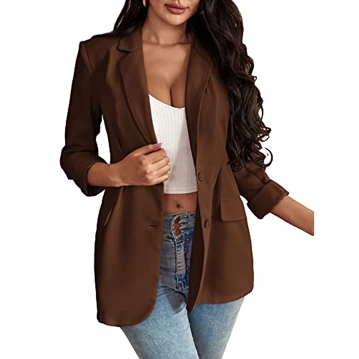 Floerns Women's Solid Notched Lapel Long Sleeve Single Breasted Blazer Jacket Chocolate Brown M