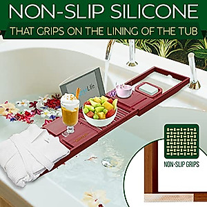 SereneLife Bamboo Bathtub Caddy with Luxury Gift Box and Red Gifting Ribbon Extendable & Adjustable Tray with Device/Book Holder with Removable Trays for Bath Accessories (Stain Brown)