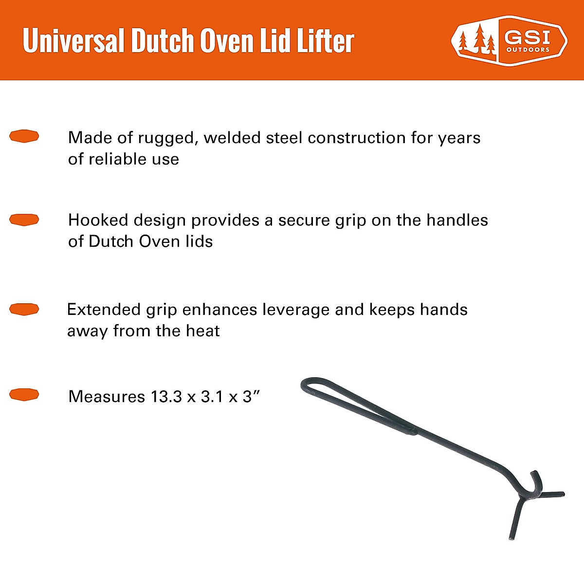 GSI Outdoors Dutch Oven Lid Lifter for Safely Removing Hot Lids, Black Steel, 13” inch