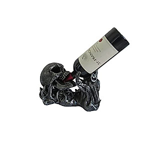 DWK - Gargle of Wine - Skeleton in Flames Tabletop Wine and Bottle Display Caddy Home Décor Dining Centerpiece Kitchen Accessory Bar Accent, Pewter Finish, 11.5-inch