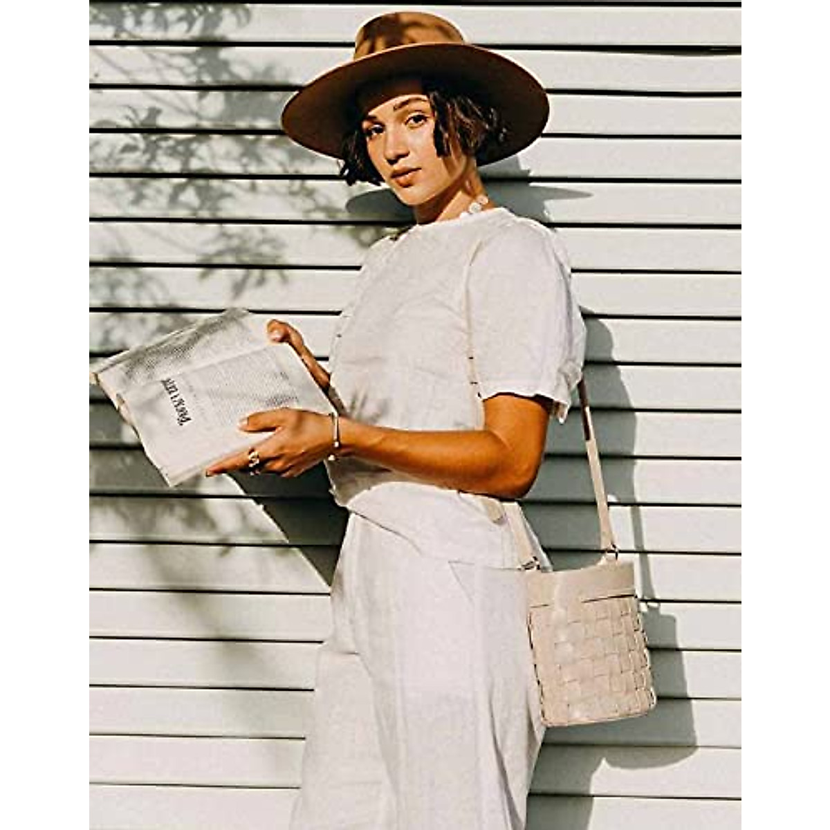 TIJN Woven Bucket Bag for Women Luxury Satchel Handbag with Vegan Leather Crossbody Bag,Cream(Ailin)