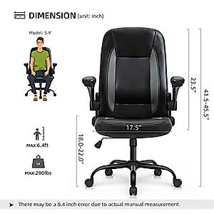 Black Desk Chair Ergonomic Office Chair Lumbar Support Desk Chairs with Wheels and Flip-up Armrest Adjustable PU Leather Computer Chair Backward Tilt