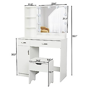 Fameill White Vanity Desk with Mirror and Lights,Makeup Vanity with 2 Drawers Lots Storage,Vanity Table with Lighted Mirror,3 Lighting Colors, Brightness Adjustable,35in(L)