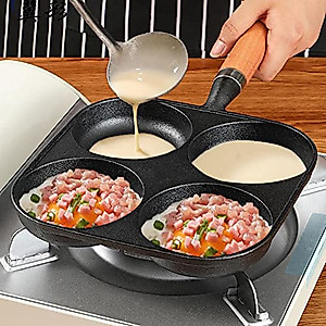 awrduol Uncoated 4 Cup Egg Frying Pan Thickened Egg Cooker Omelet Pan, Healthy Cast Iron Pancake Cooker for Breakfast, Gas Stove & Induction Compatible