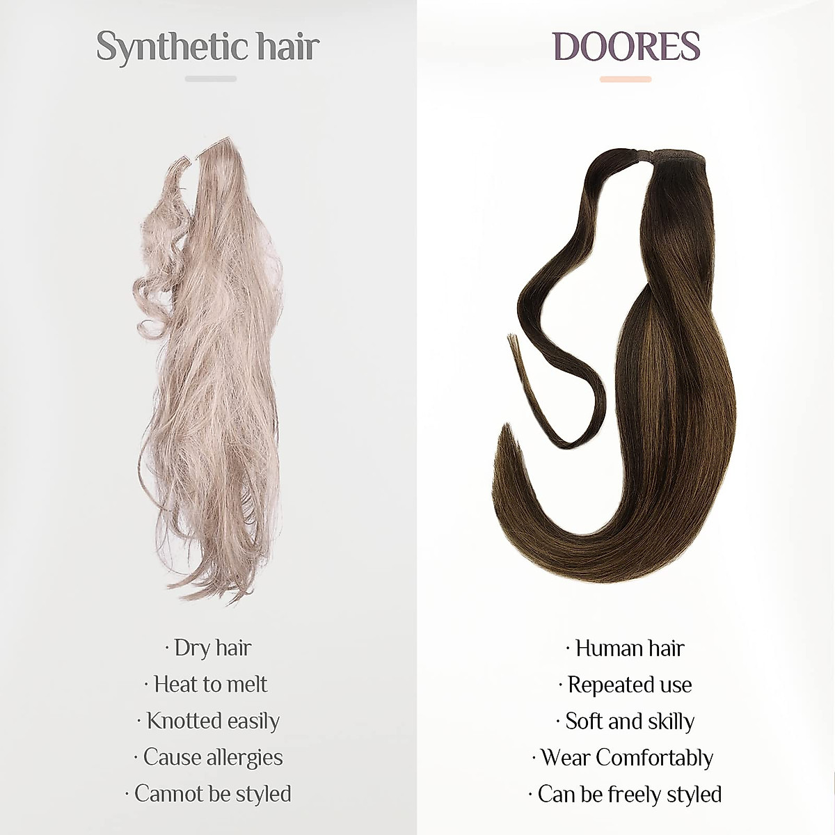 DOORES Hair Extensions Ponytail Extensions Human Hair Balayage Dark Brown to Chestnut Brown 18 Inch 80g Wrap Around Ponytail Remy Hair Extensions Clip in Straight with Magic Paste Heat Resistant