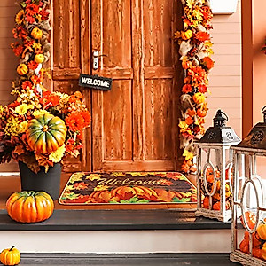 Pumpkin Welcome Mat for Indoor/Outdoor Bedroom Kitchen, Autumn Maple Leaves Welcome Doormats Thanksgiving Entrance, Low-Profile Floor Mat for Fall, 17 x 29 Inch